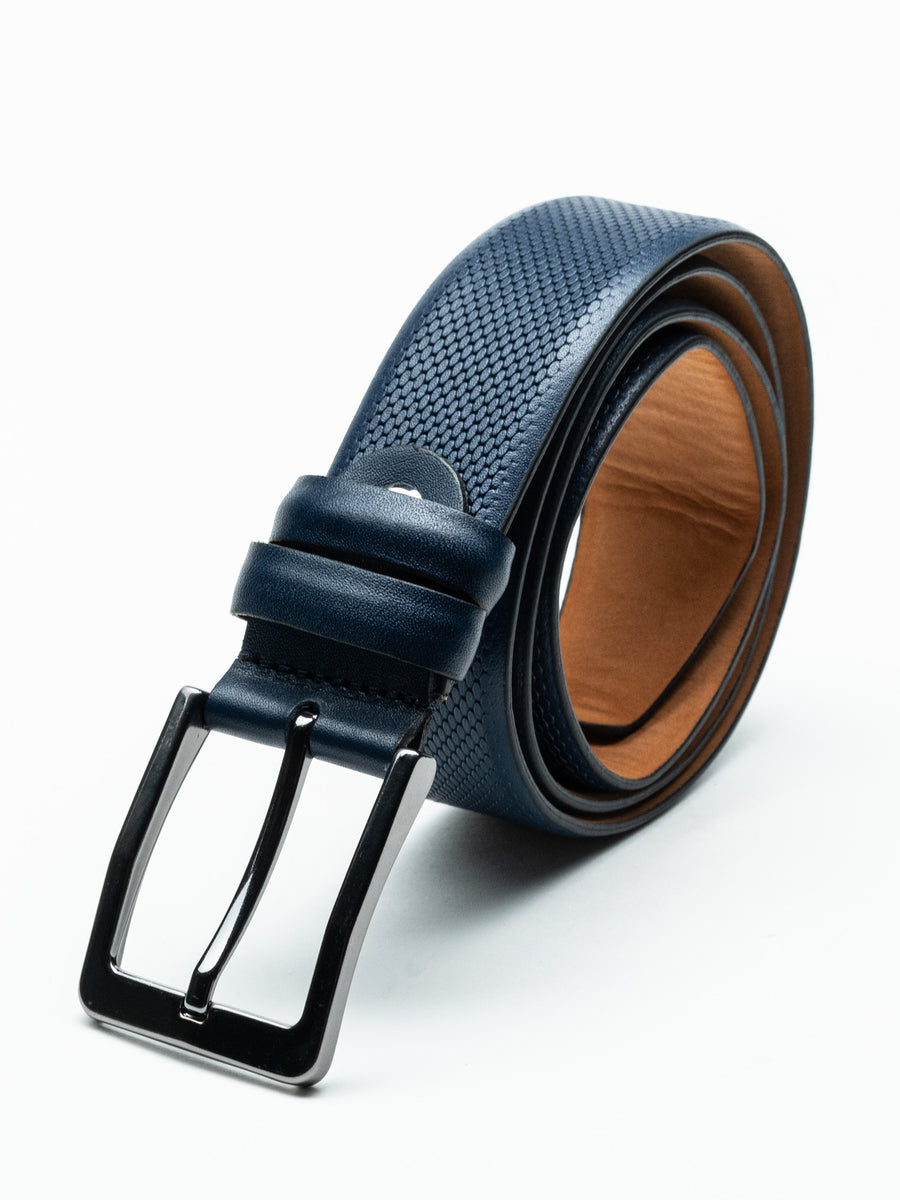 Curea Barbati Bleumarin Imprimeu Oxford 100% Piele Naturala BMan111