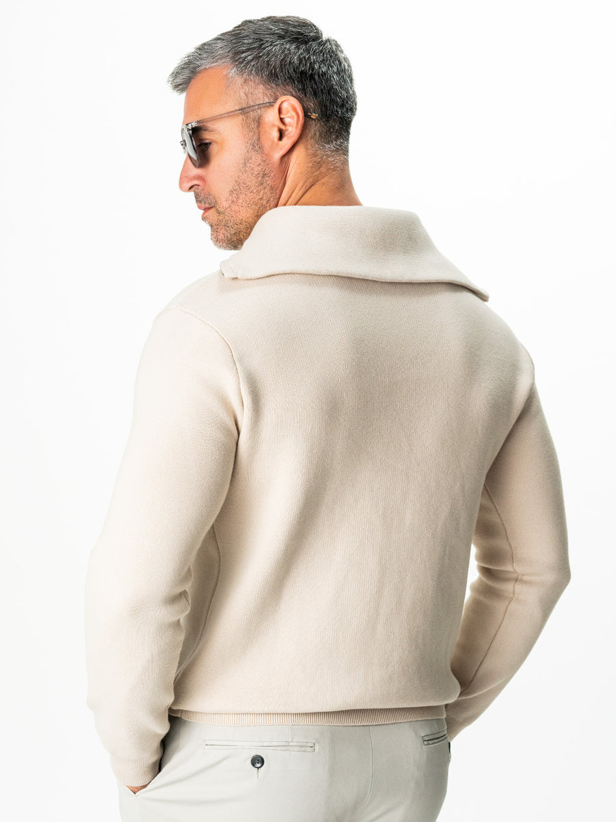 Pulover Barbati Crem Cu Fermoar Cu Guler Modern Din Bumbac Pieptanat B