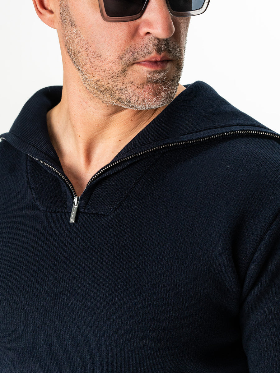 Pulover Barbati Bleumarin Cu Fermoar Cu Guler Modern Din Bumbac Piepta