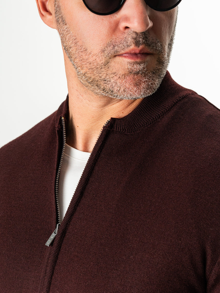Pulover Cu Fermoar Lung Barbati Rosu Bordo Guler Tunica Lana Merinos B