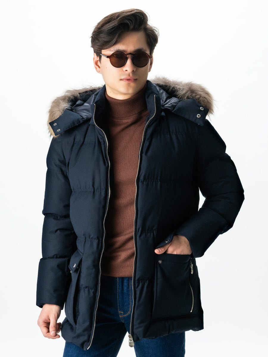 Geaca Premium Barbati Bleumarin Cu Puf Si Blana Naturala Sezon Iarna D